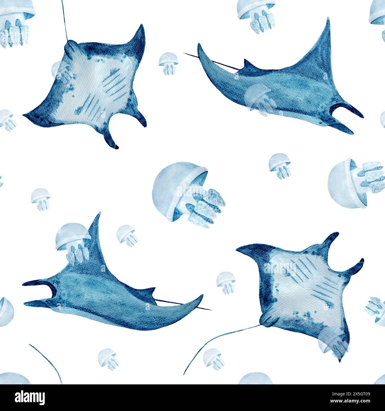 Manta ray and jellyfish watercolor seamless pattern on white. High ...