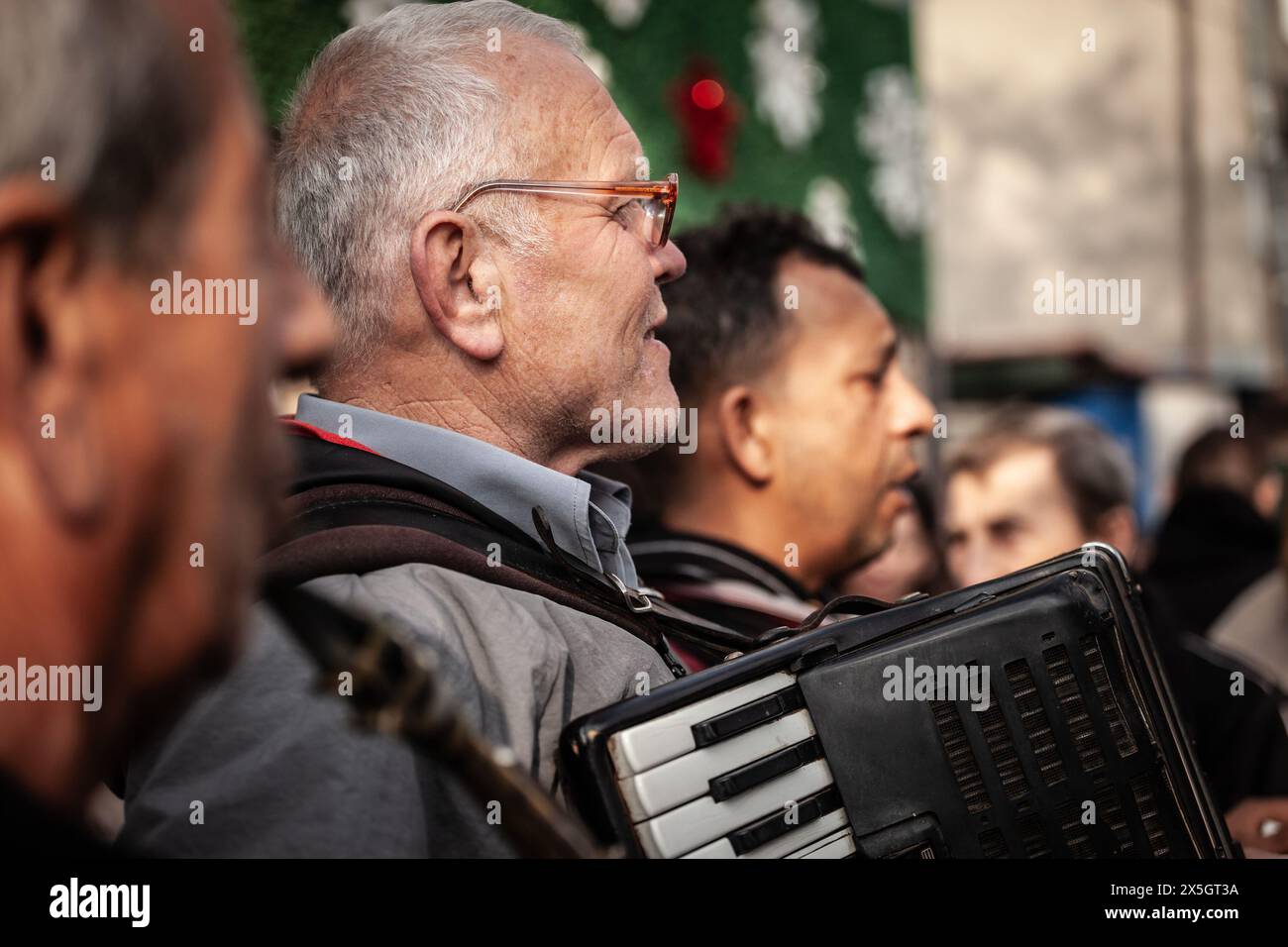 Picture of a typical Balkans band, musicians, playing during an ...