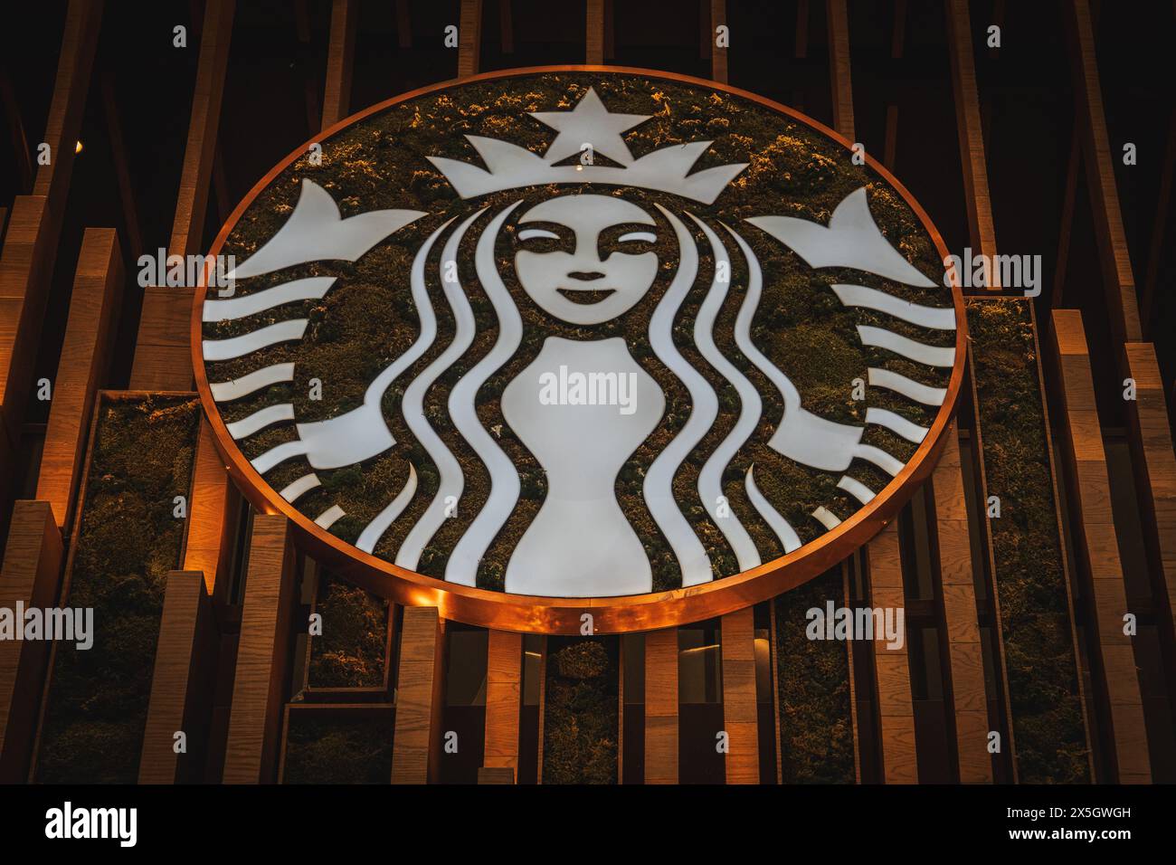 An iconic coffee shop's logo illuminated at night, mounted on a vibrant ...