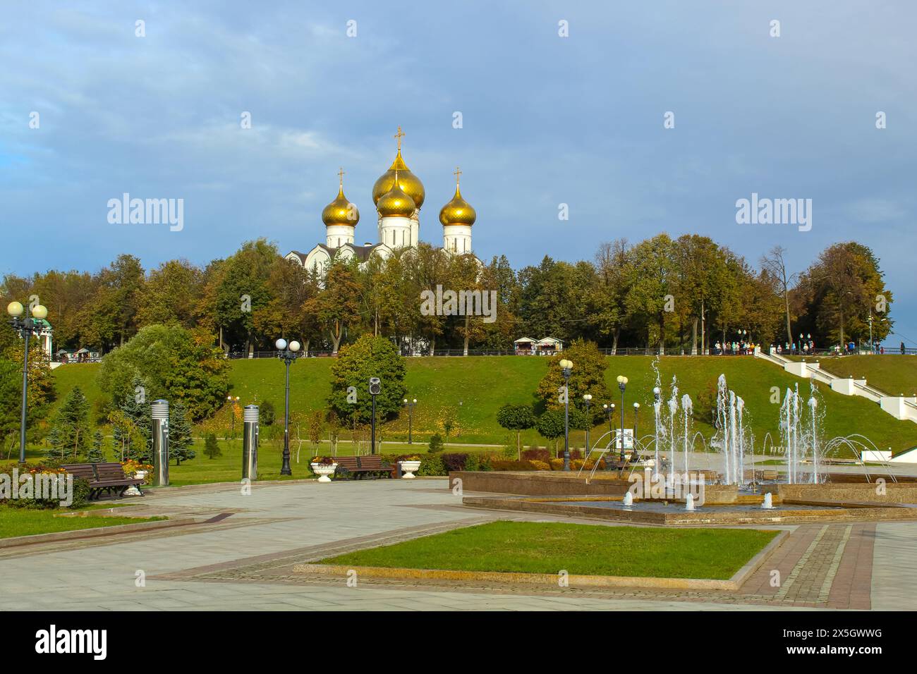 View of Strelka Park, temple complex. Confluence of Volga and Kotorosl ...