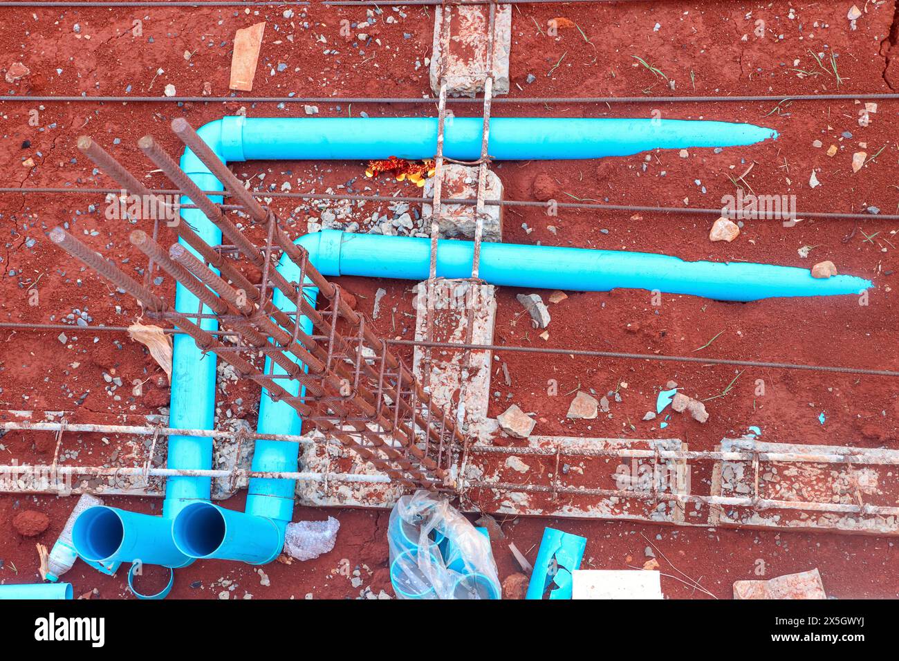 Sewer pipes in the construction of a family house, top view Stock Photo ...