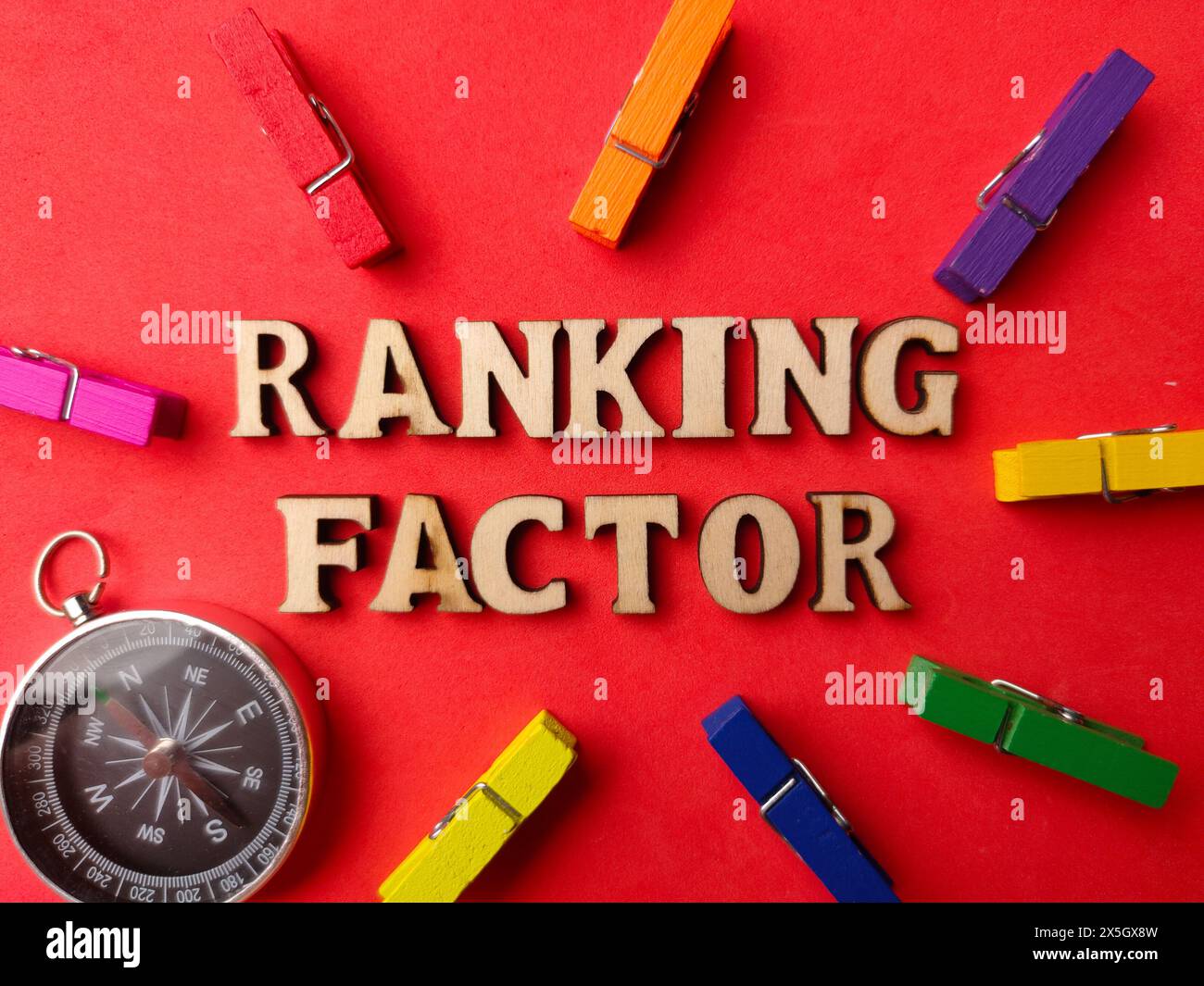 Top view compass,wooden clips and wooden word with text RANKING FACTOR ...