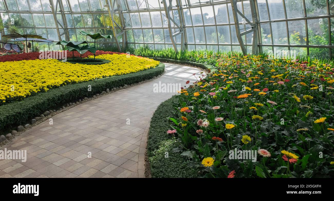 Flowers in a botanical garden. A beautiful green house with different ...