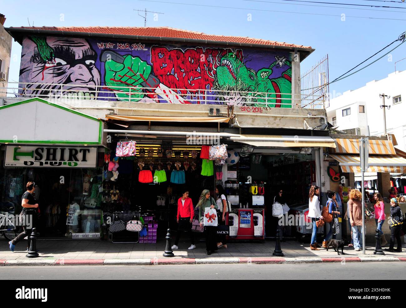 A colorful wall mural on a building on King George street in Tel-Aviv ...