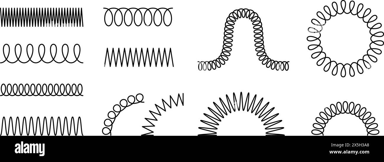 Spiral spring set. Black metal wire coil spring collection. Thin wire ...