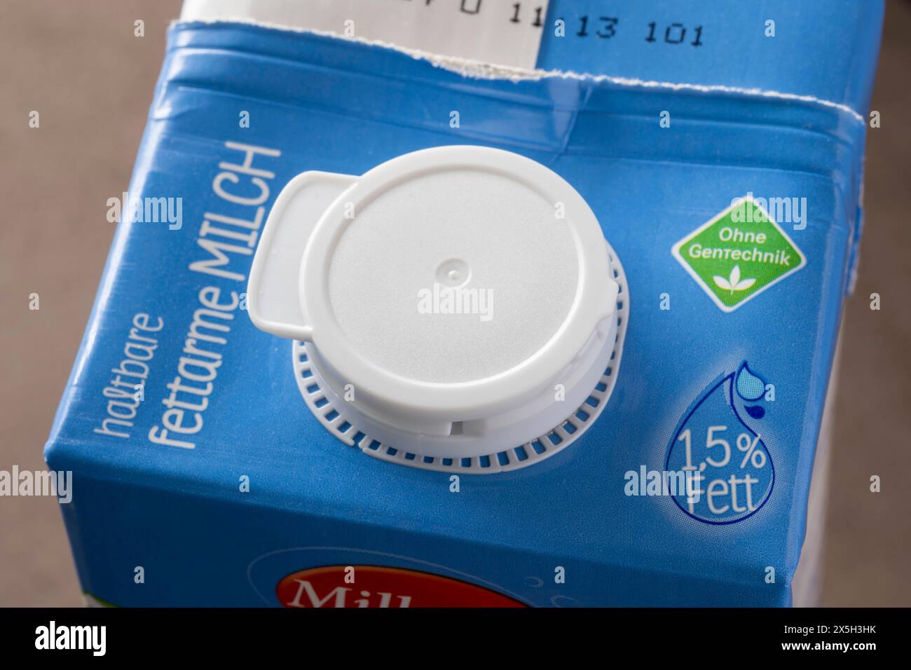 Modern closure on milk carton, tetrapack, long-life low-fat milk, low ...