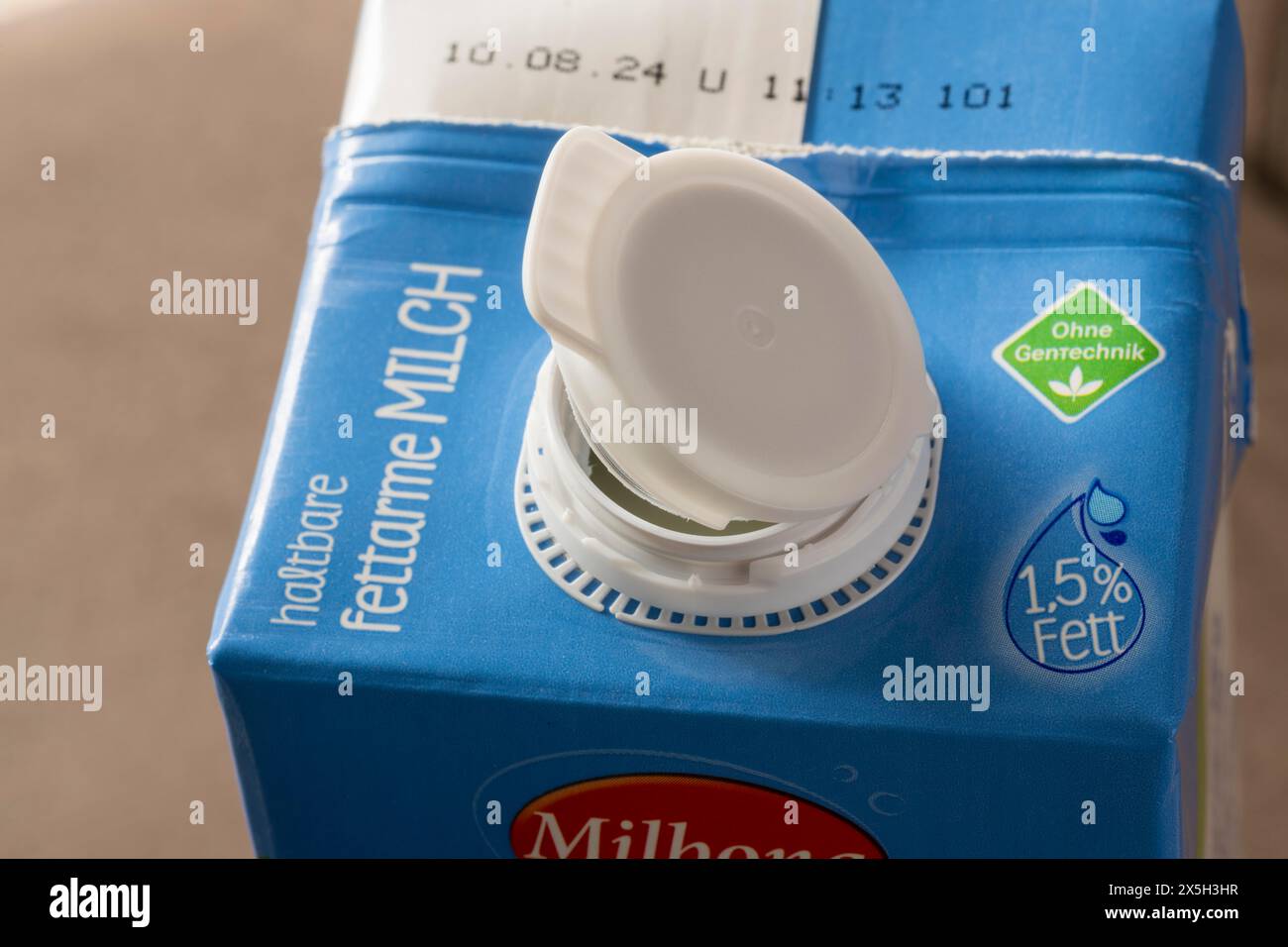 Modern closure on milk carton, tetrapack, long-life low-fat milk, low ...