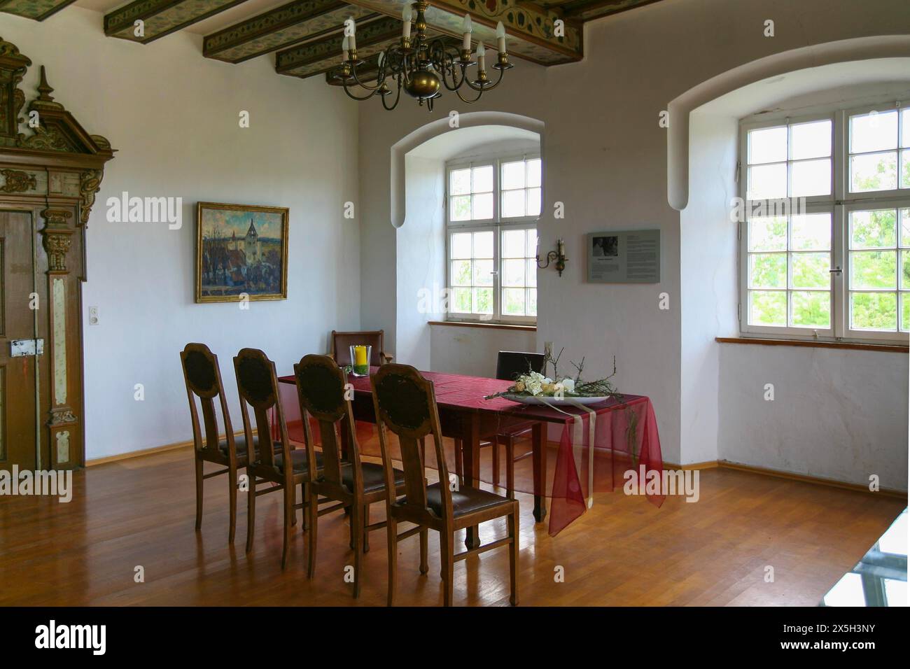 Brenz Castle, wedding room, interior, painted ceiling beams, chairs ...