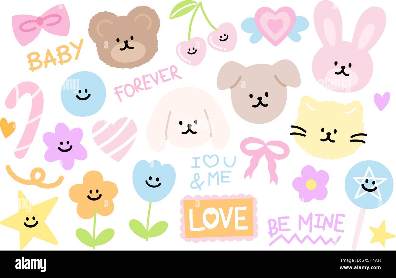 Pastel illustration of teddy bear, puppy, cat, bunny, pink ribbon ...