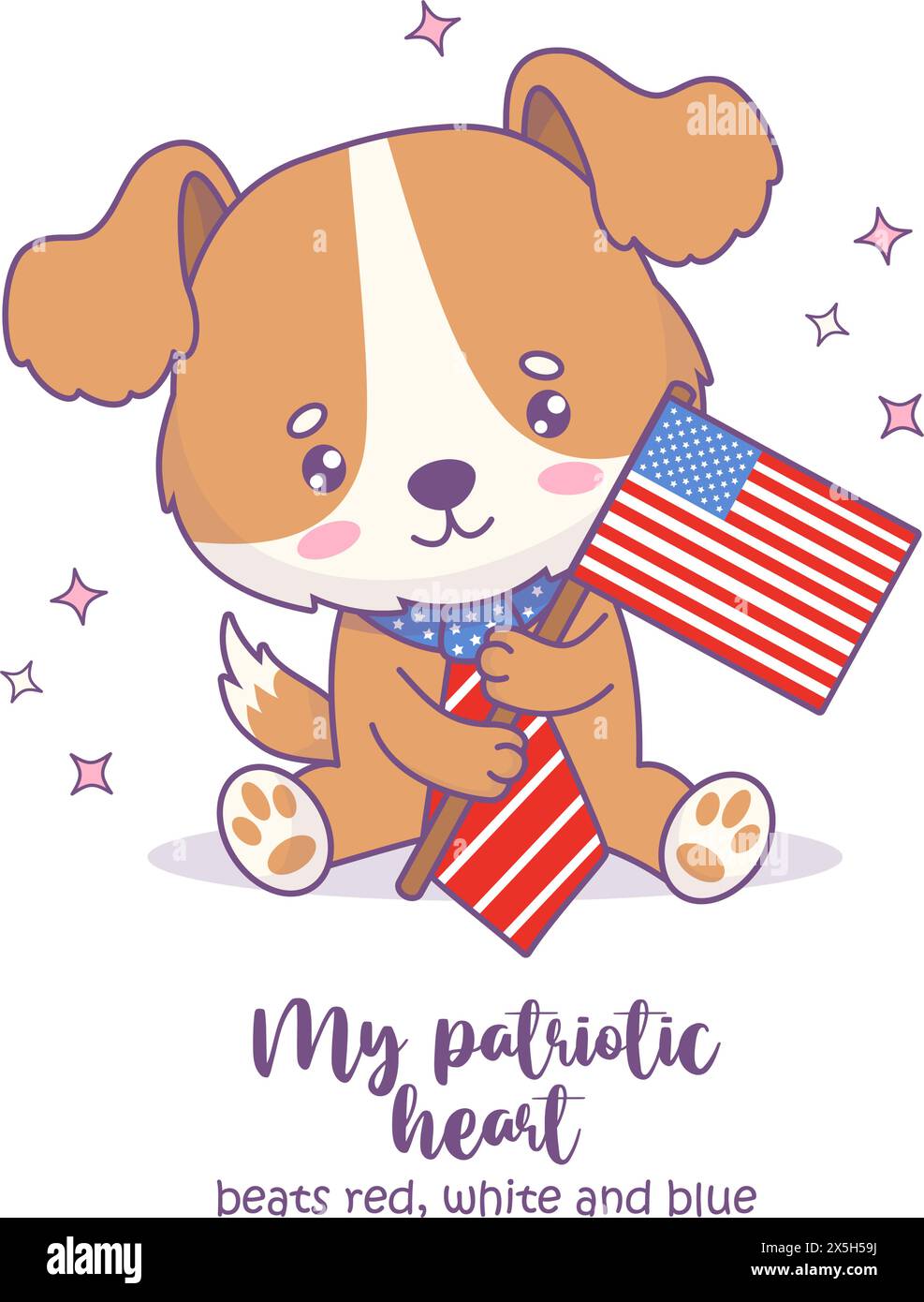Cute dog wearing tie and holding American flag. Fourth of July American ...