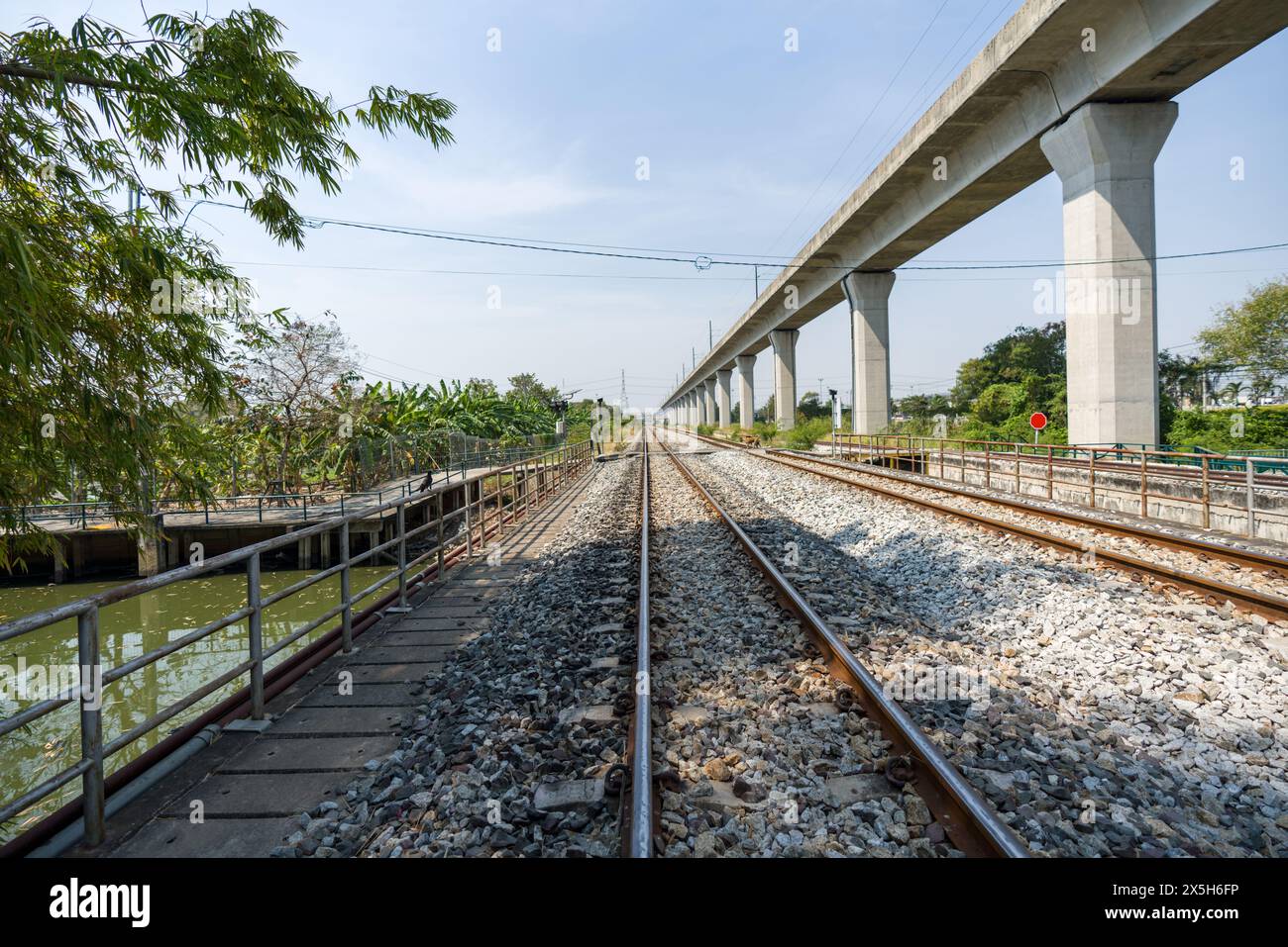 A traditional railway track lined with gravel ballast running parallel ...