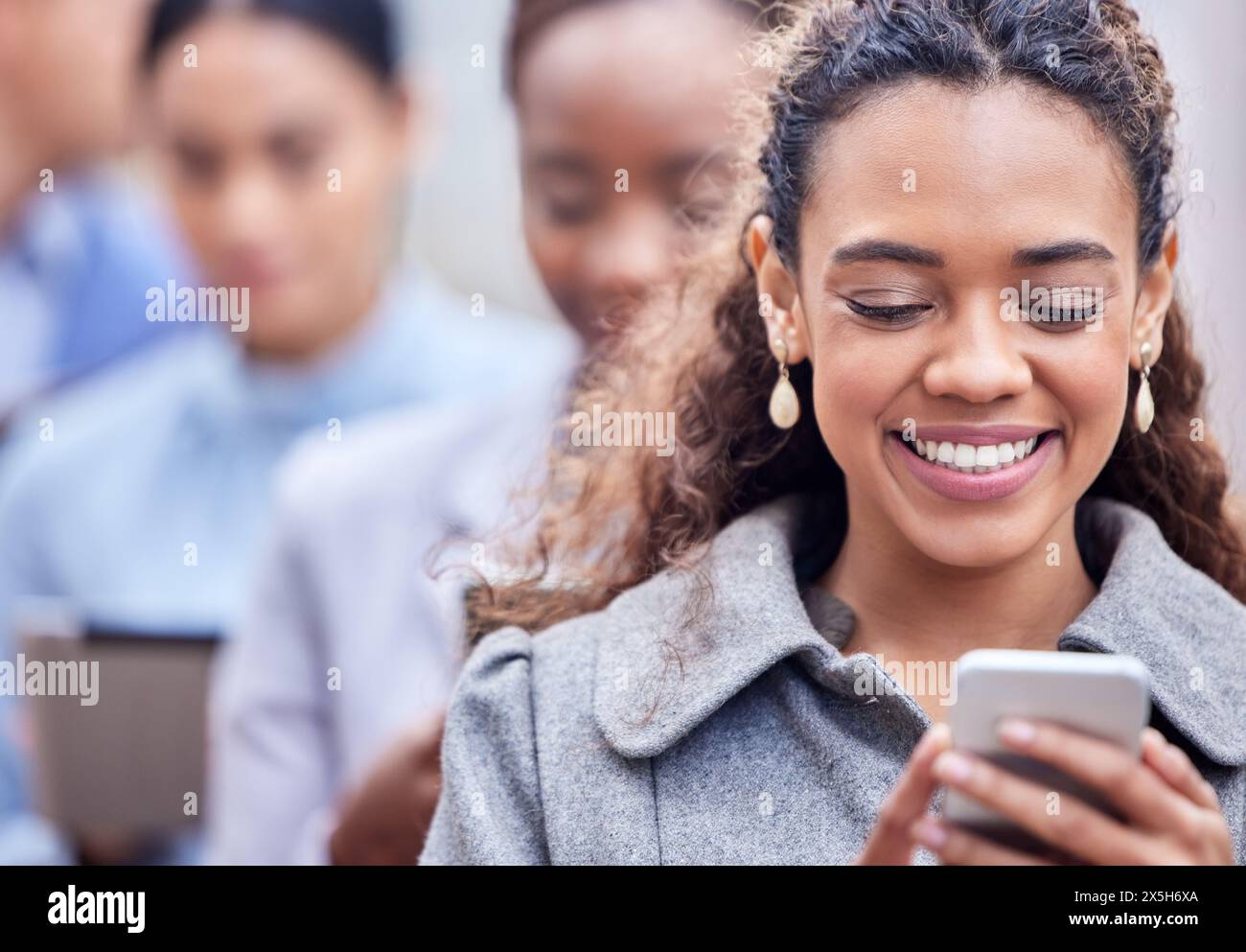 Row, business woman and phone for scroll, chat and typing on mobile ...