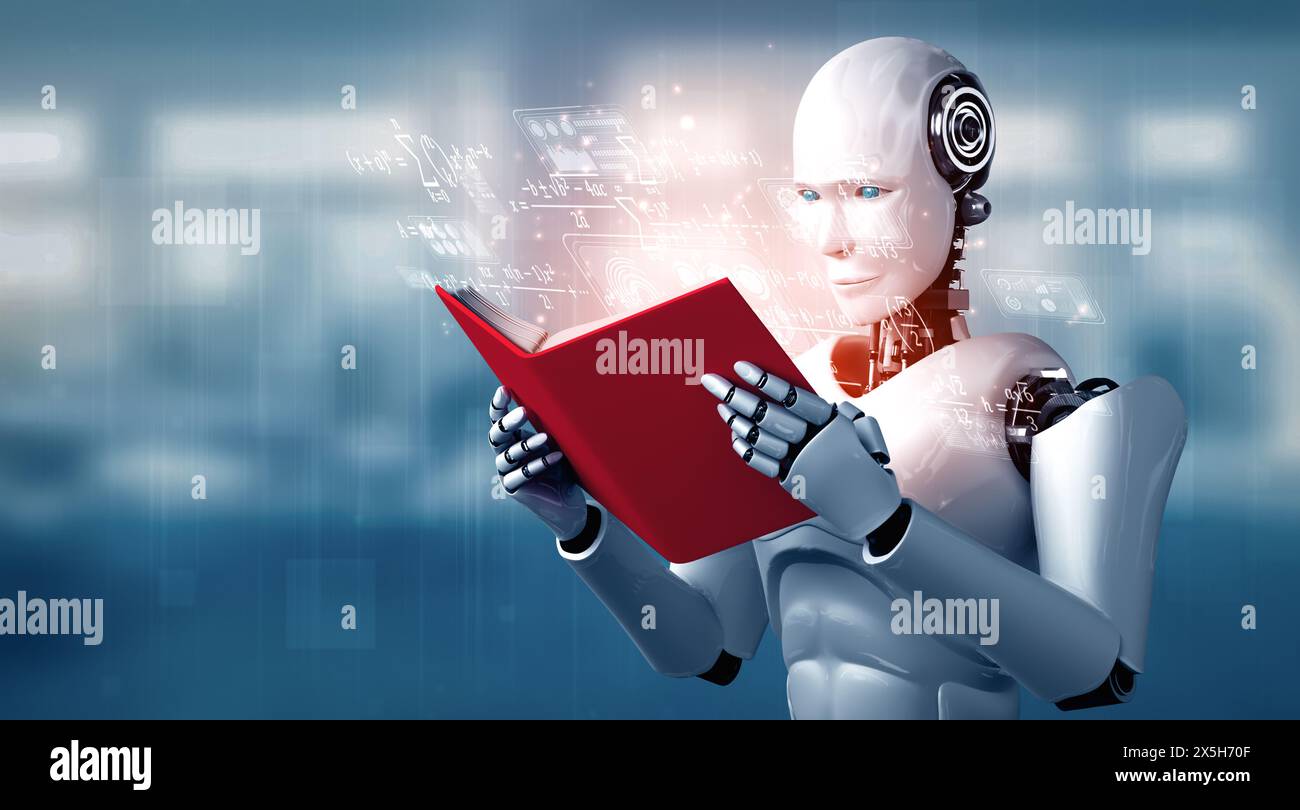MLP 3d illustration 3D illustration of robot humanoid reading book and solving math data ...