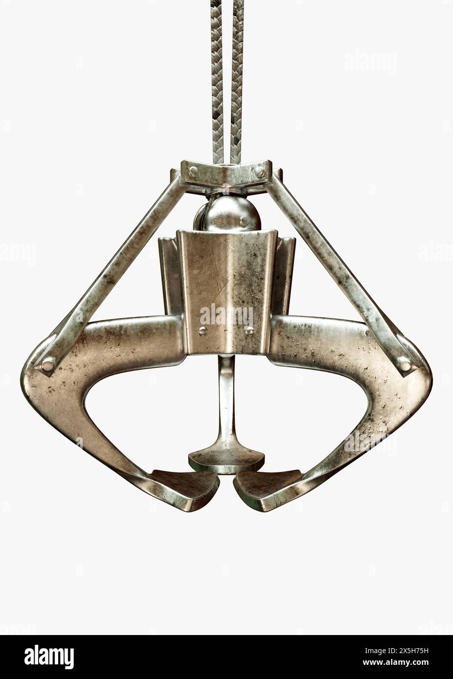 An open metal claw from a vintage arcade type grabber game connected to ...