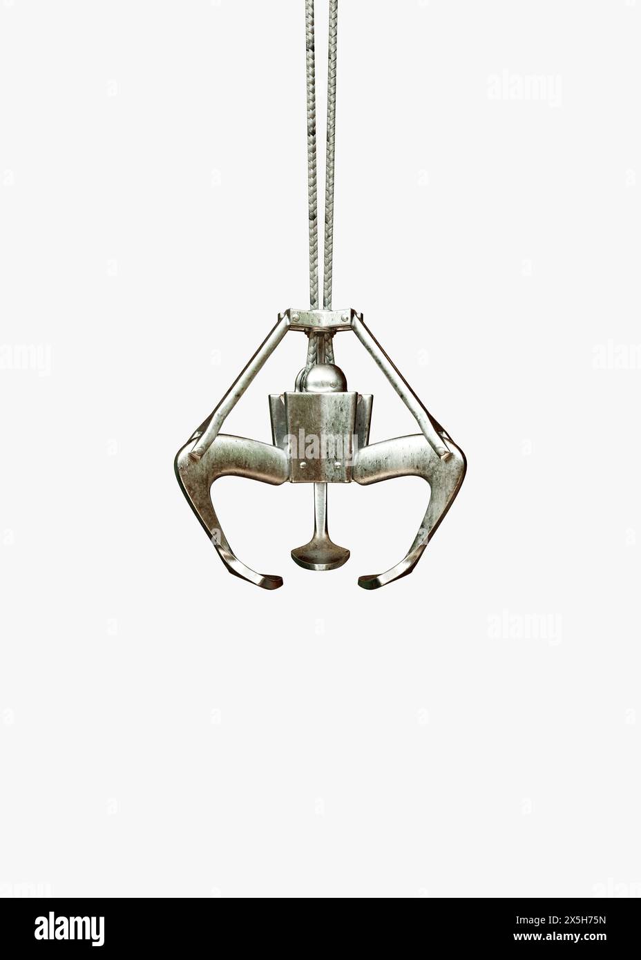 An open metal claw from a vintage arcade type grabber game connected to ...