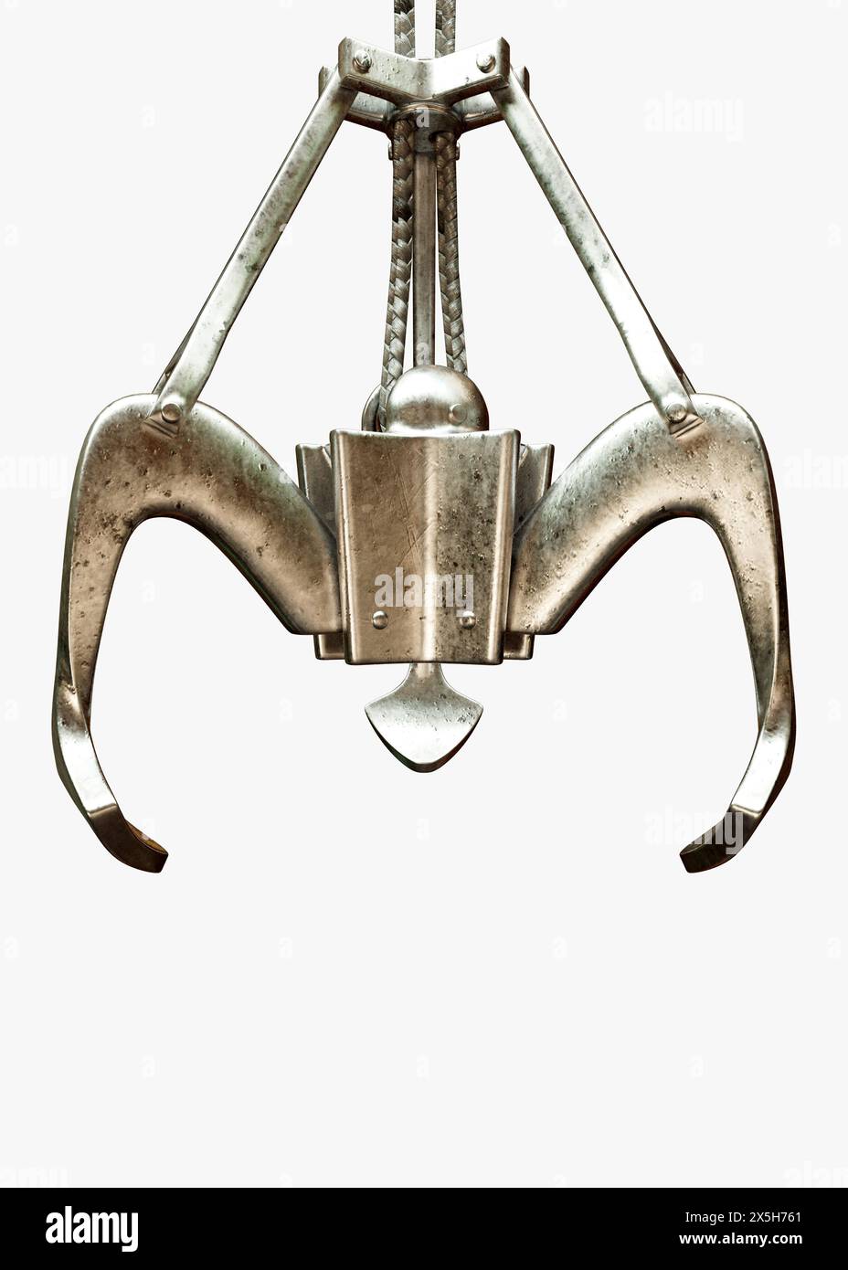 An open metal claw from a vintage arcade type grabber game connected to ...