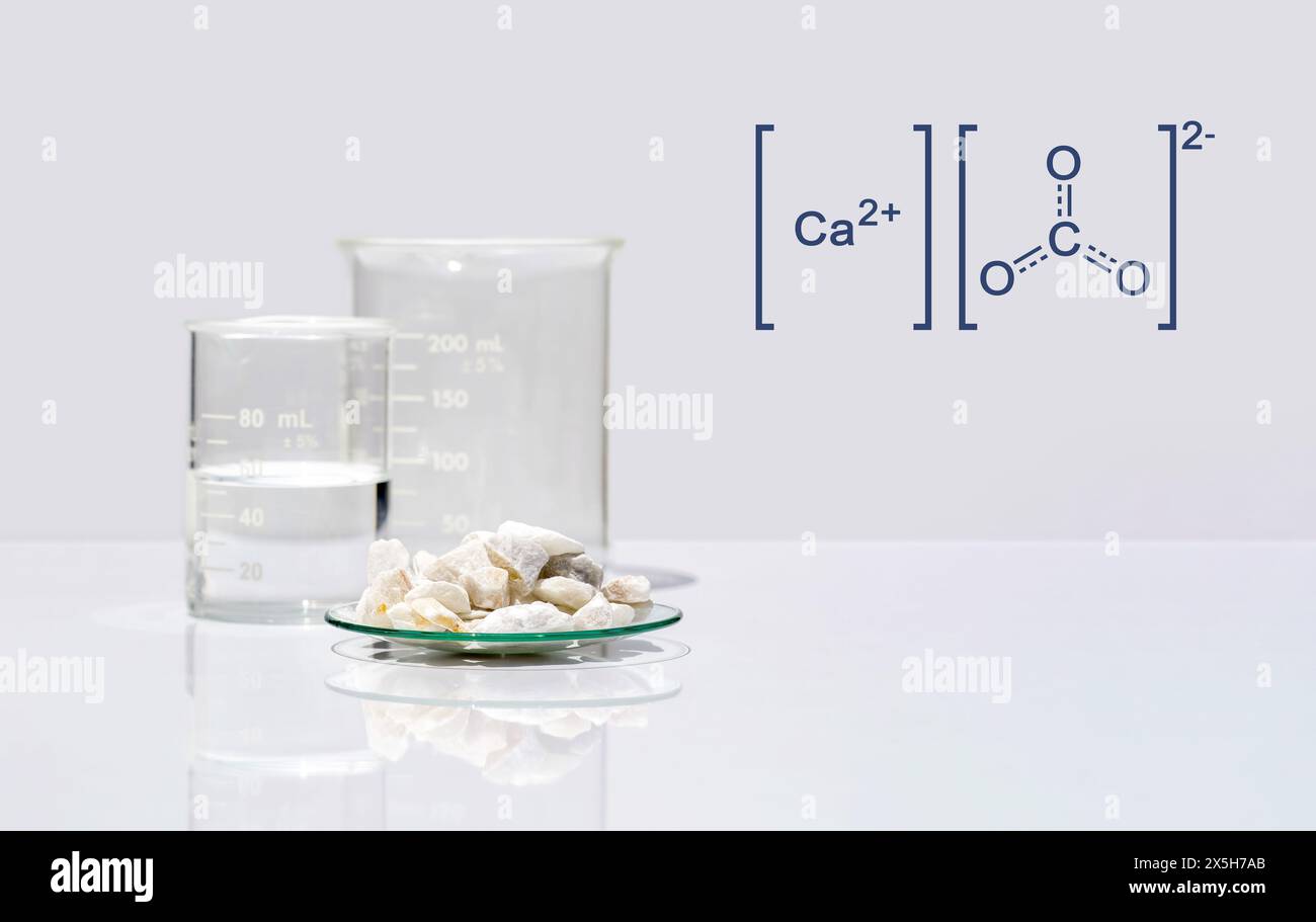Calcium carbonate chip in chemical watch glass with molecular structure ...
