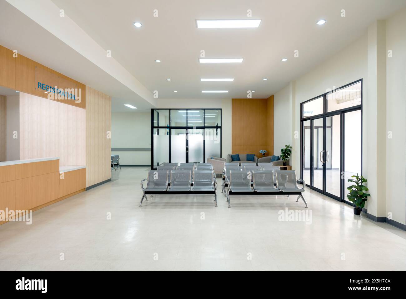 Waiting area in a hospital. Patient or visitor can check in for ...
