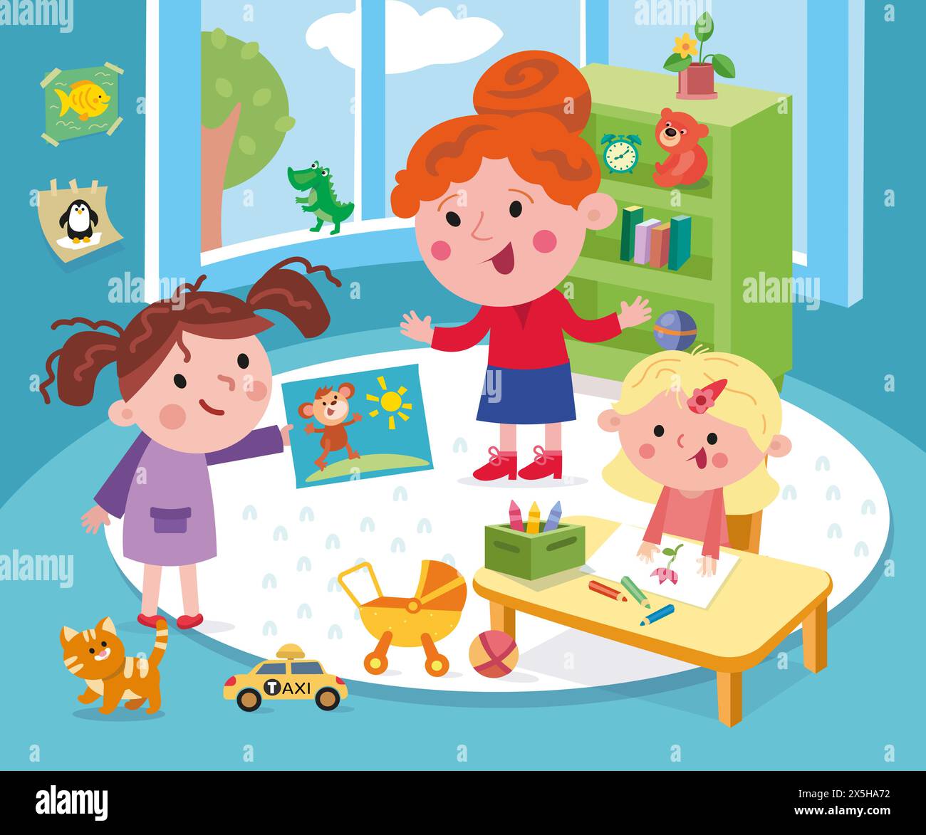 Cute girls and kindergarten teacher. Drawing and activities. Cartoon ...