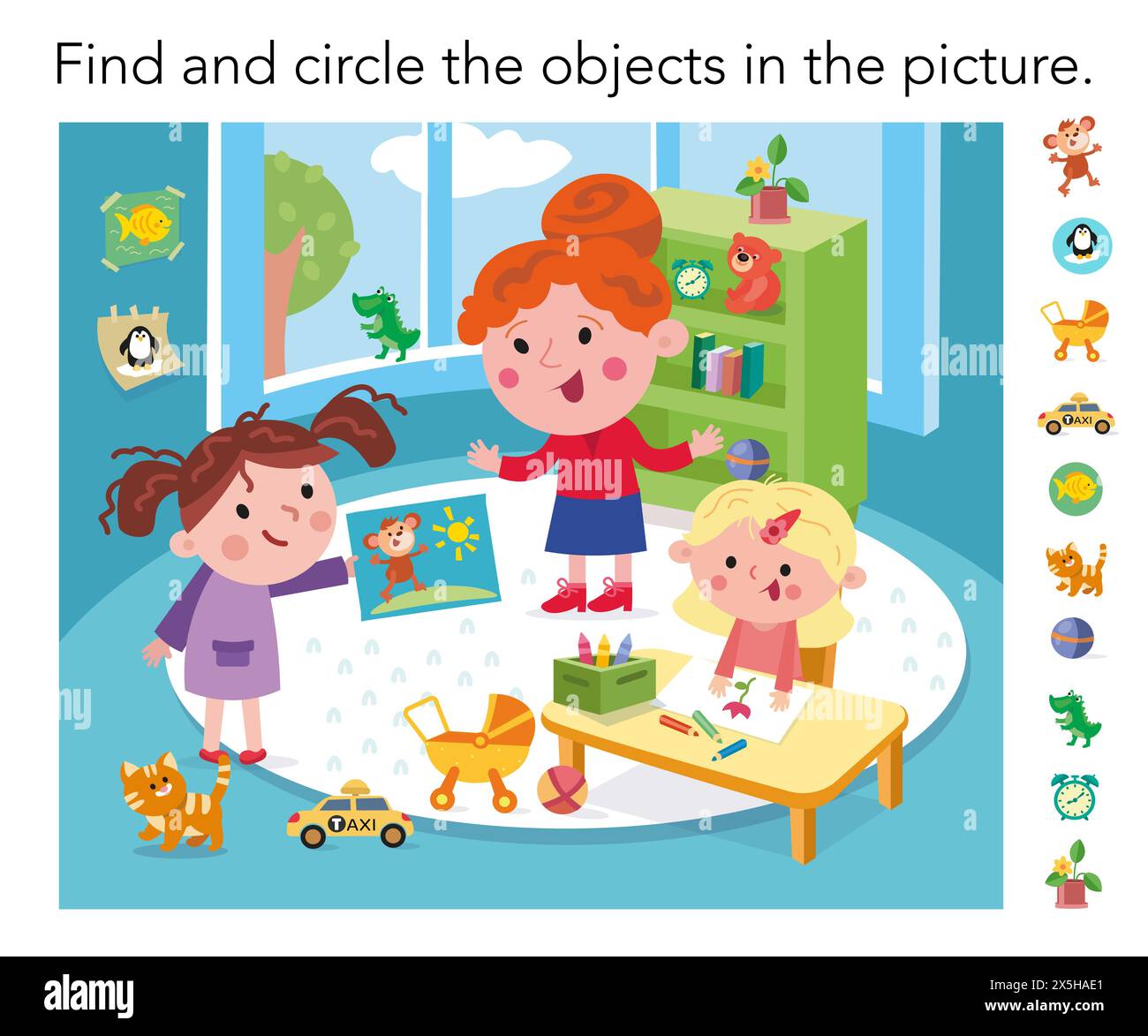 Cute girls and teacher in kindergarten. Find hidden objects. Game for ...