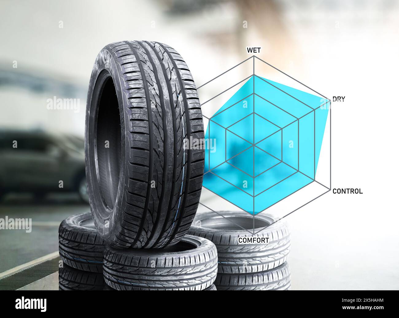 A stack of new tires in a car repair garage , along with a car tire ...