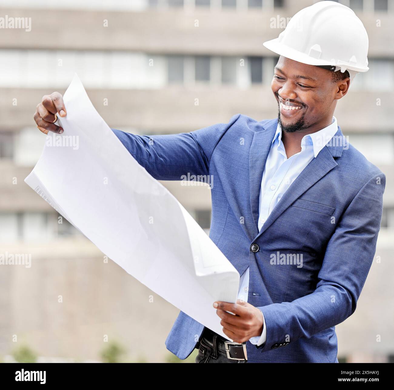 Construction, city and business black man with blueprint, floorplan and ...