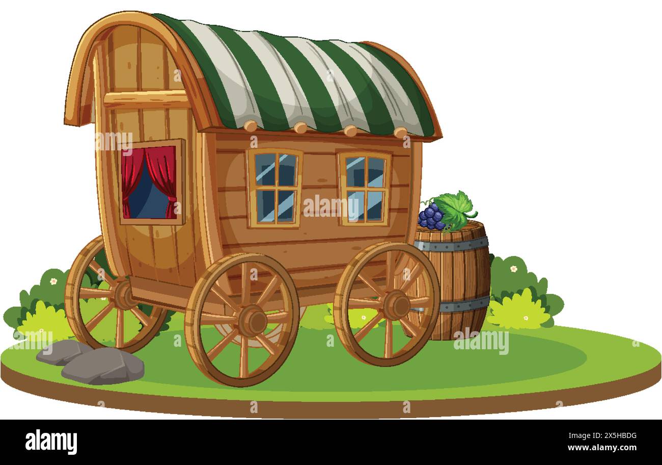 Illustration of a quaint wooden caravan with barrel Stock Vector Image ...