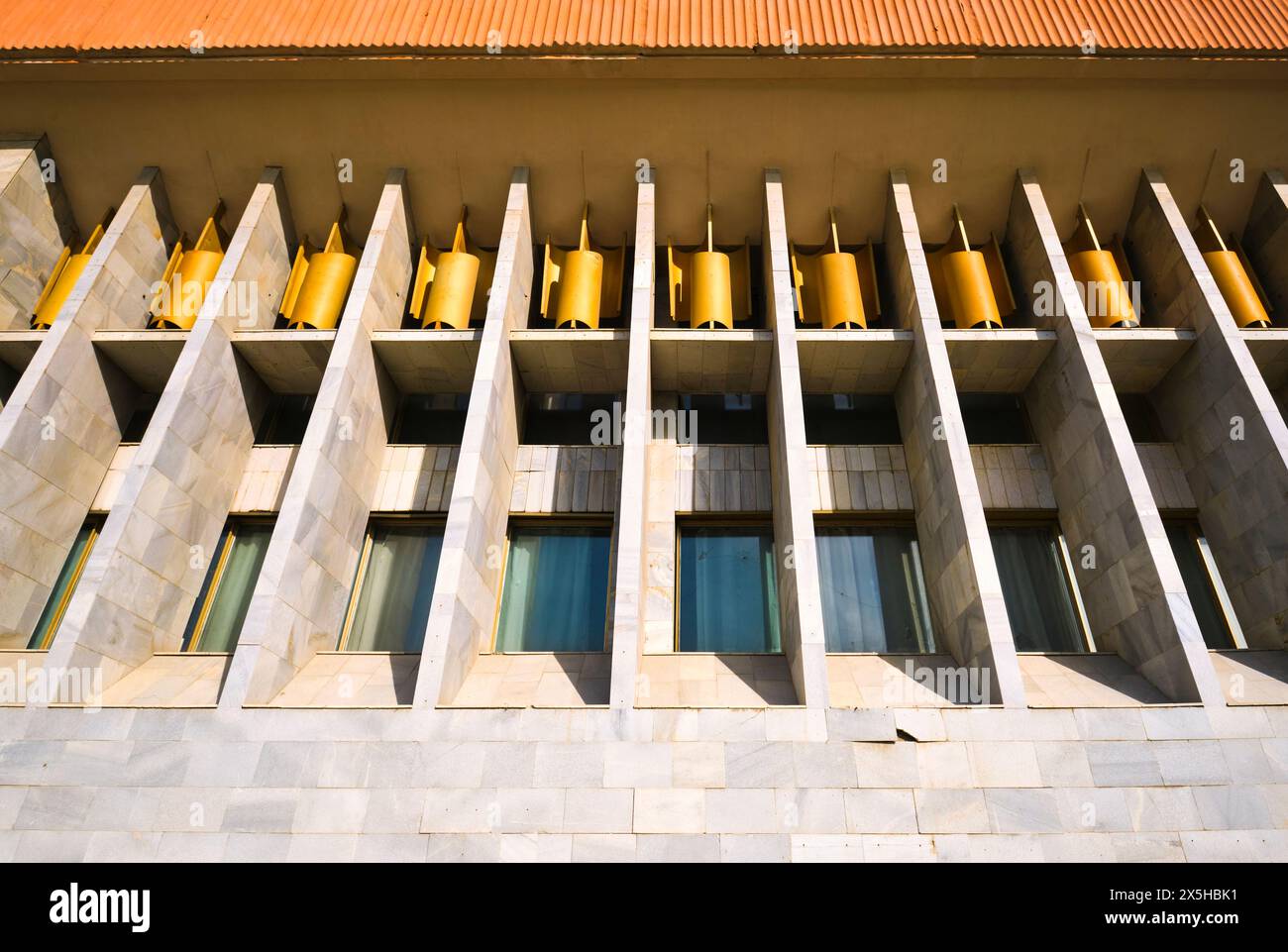 Exterior detail of the window facade of the Soviet Modernist style ...