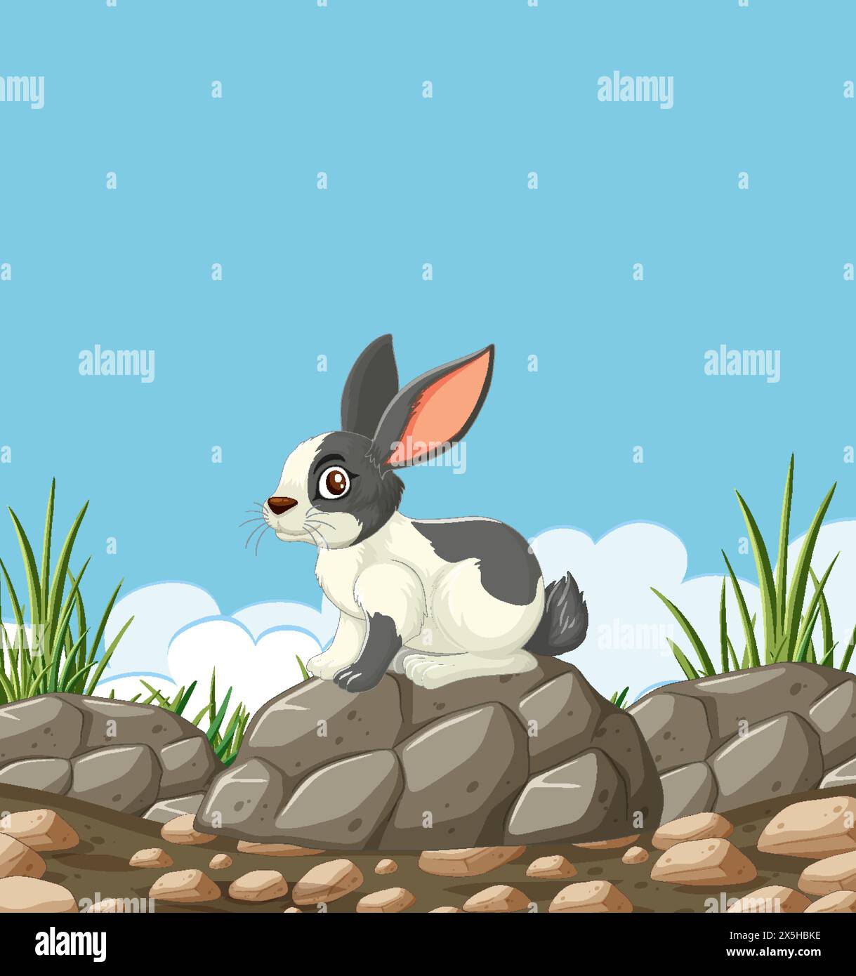 Illustration of a rabbit sitting on rocks outdoors Stock Vector Image ...
