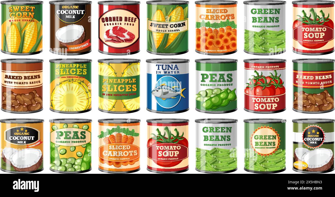 Colorful vector illustration of various canned goods Stock Vector Image ...