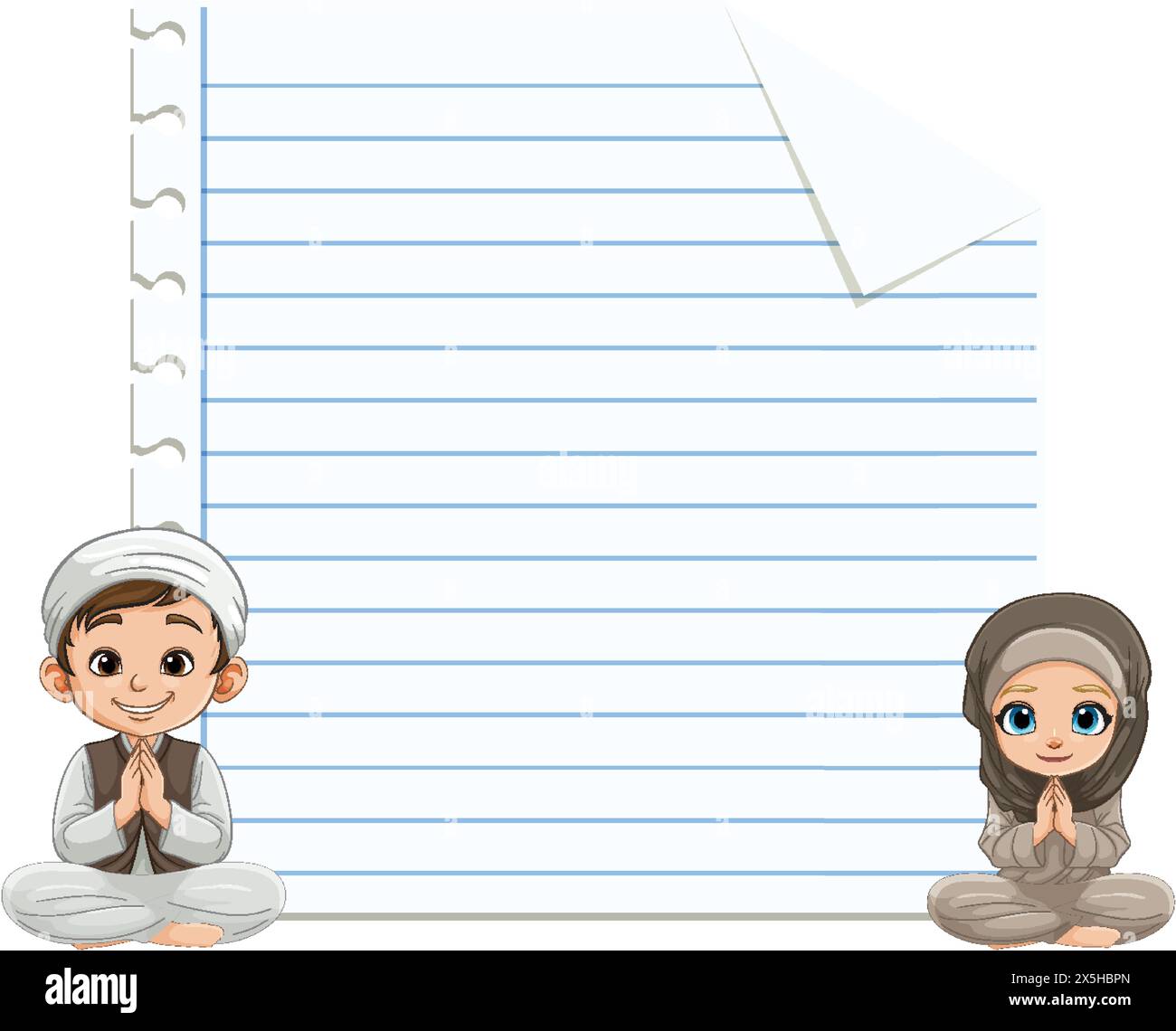 Two cartoon children praying beside lined paper Stock Vector Image ...
