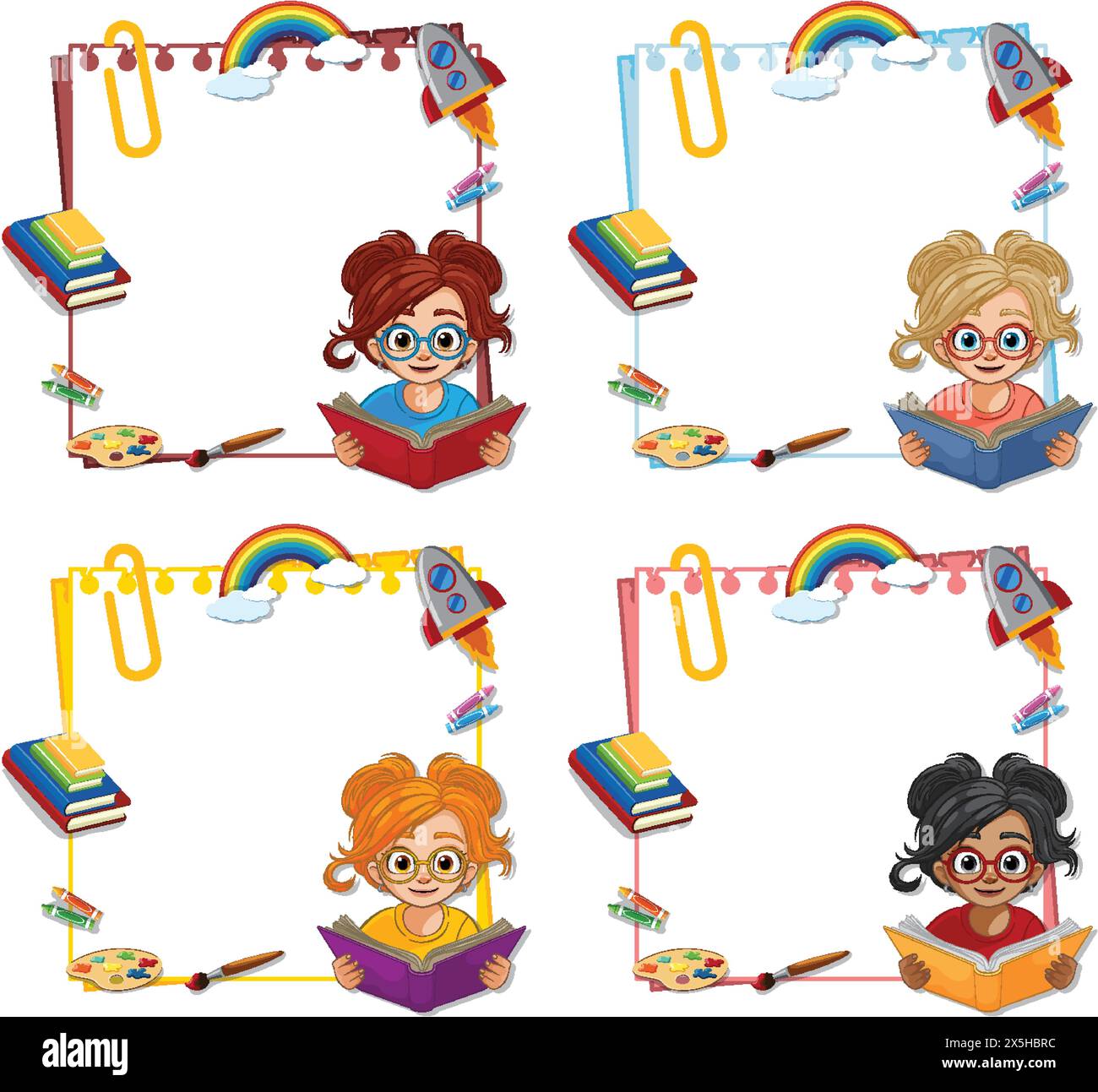 Illustration of kids reading surrounded by creative elements Stock ...