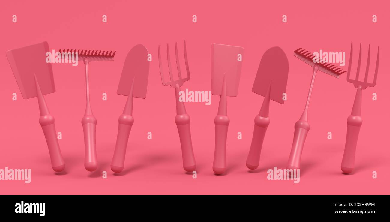 Garden shovel, pitchfork and rake on monochrome background. 3d render ...