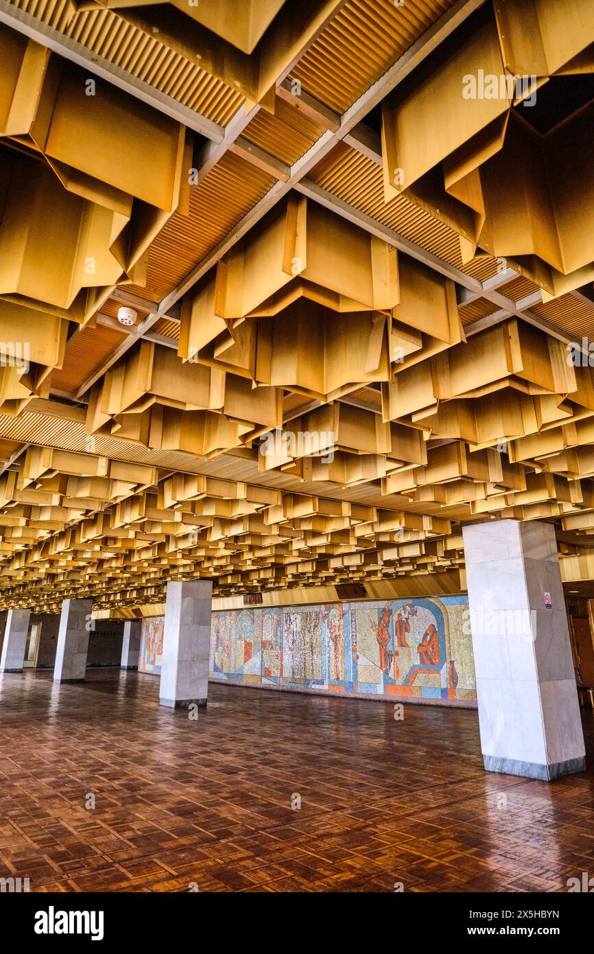 View of the lobby with colorful tile mosaic mural and intricate, Soviet ...