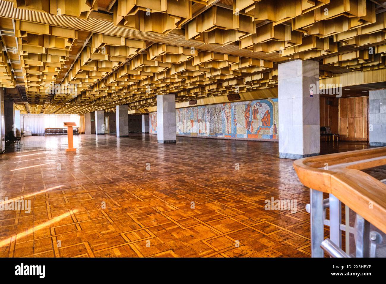 View of the lobby with colorful tile mosaic mural and intricate, Soviet ...