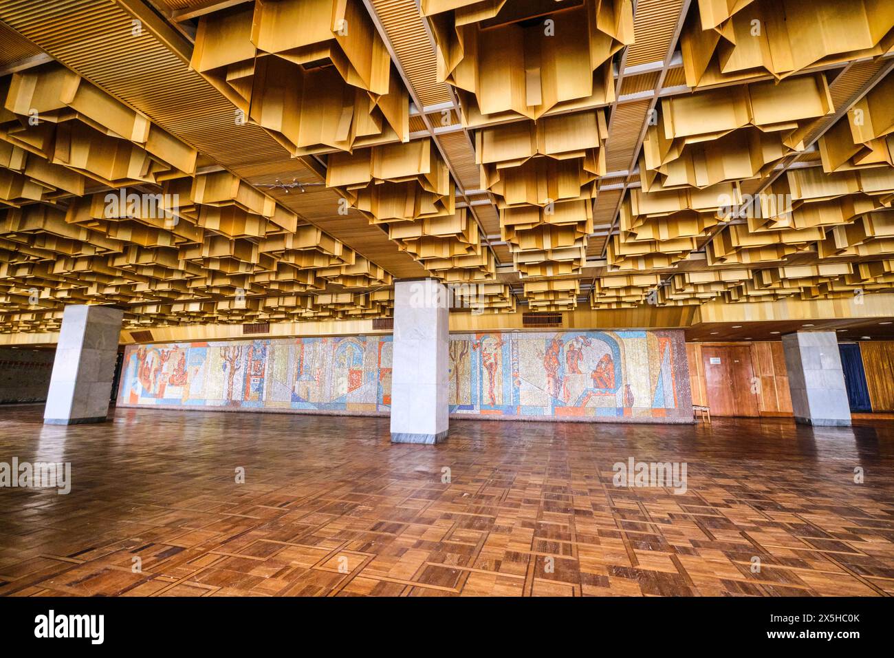View of the lobby with colorful tile mosaic mural and intricate, Soviet ...