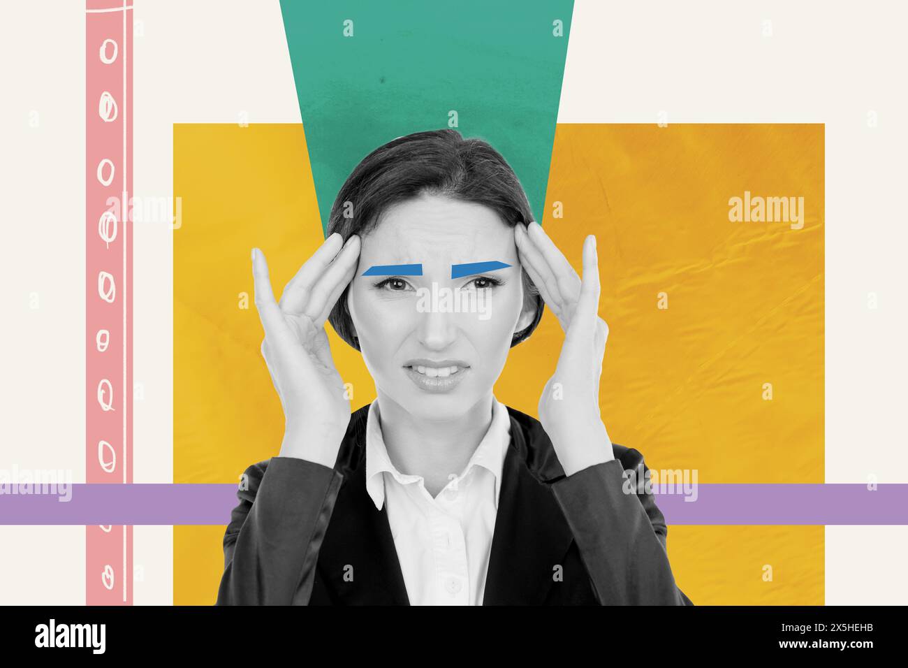 Composite photo collage of unhappy stressed girl hold head eyebrow ...