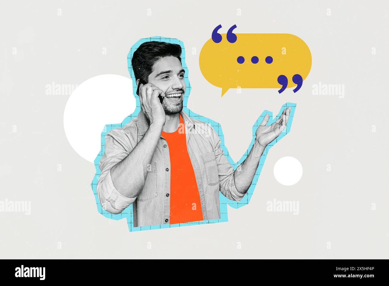 Composite photo collage of happy man talk iphone device text box ...