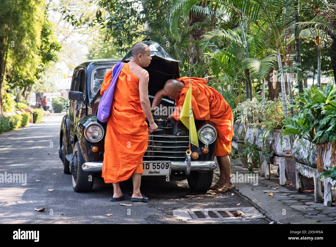 Thailand, Chiangmai; 24 January 2008, Buddhist monks trying to fix the ...