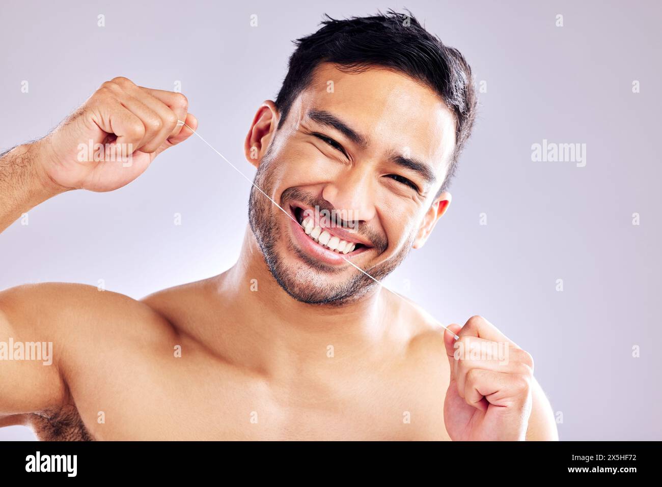 Oral health, portrait and man with flossing of teeth, wash and routine of hygiene in morning and ...