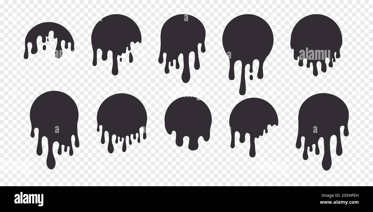 Melt paint drip circle stickers, label. Round splash with drops, liquid ...