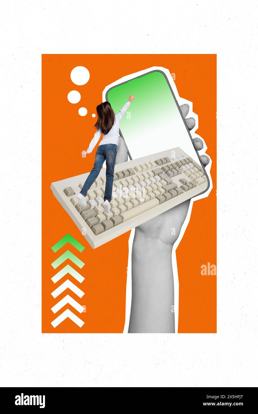 Composite collage picture image of little child hold device computer ...