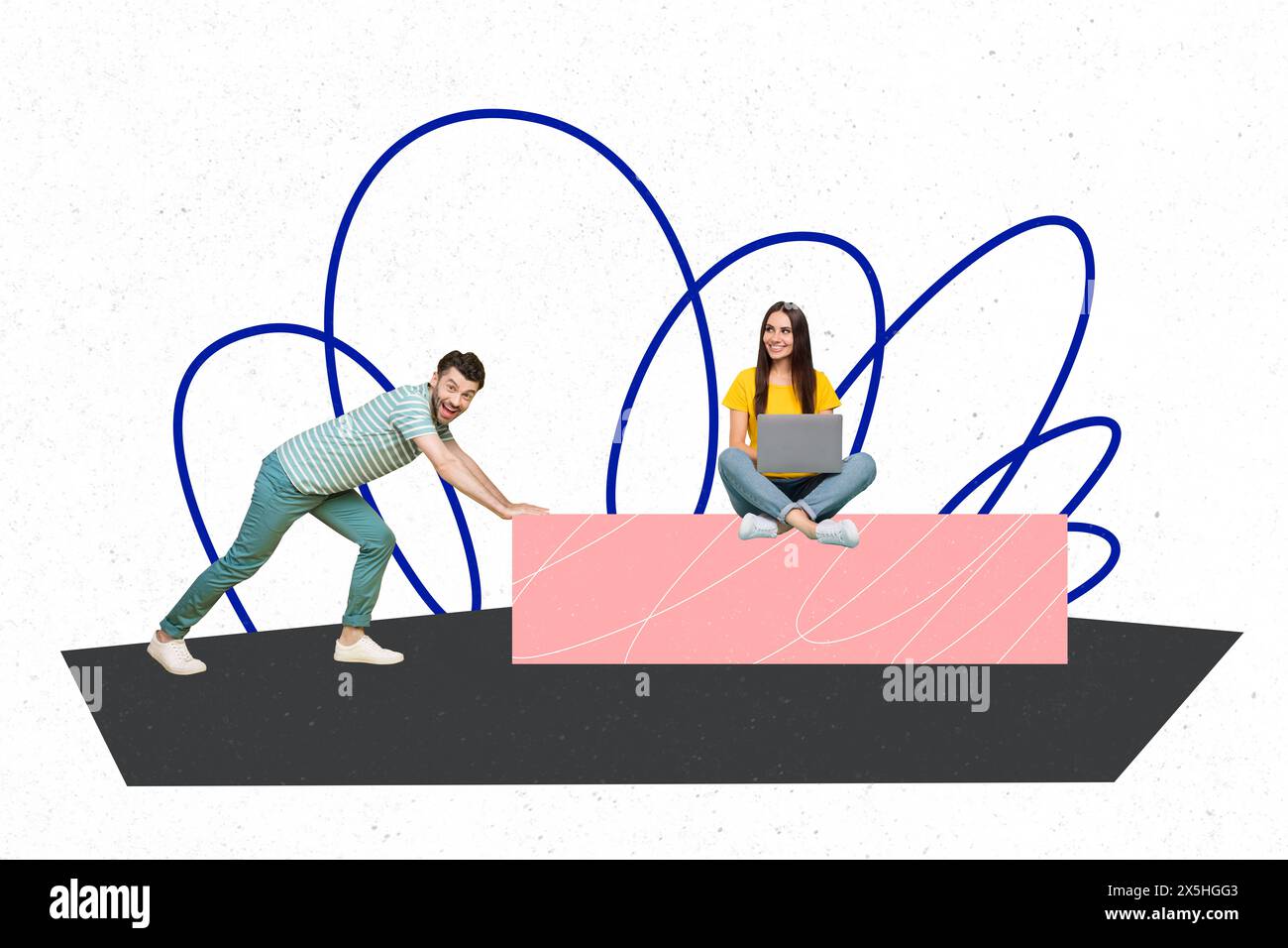 Creative collage picture young man pushing block girl remote worker ...