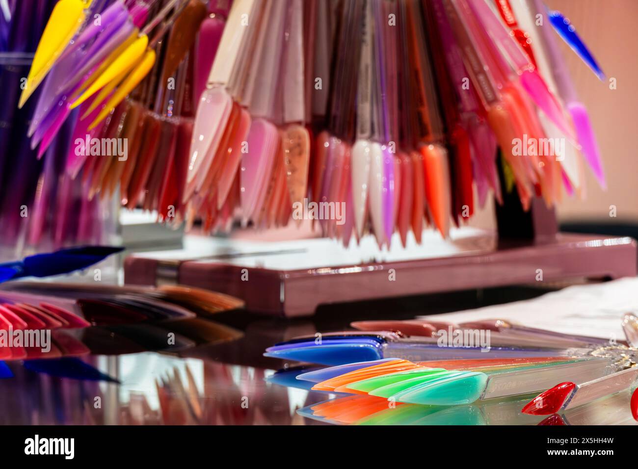 Samples of nail polish of different colors and shades applied to the ...