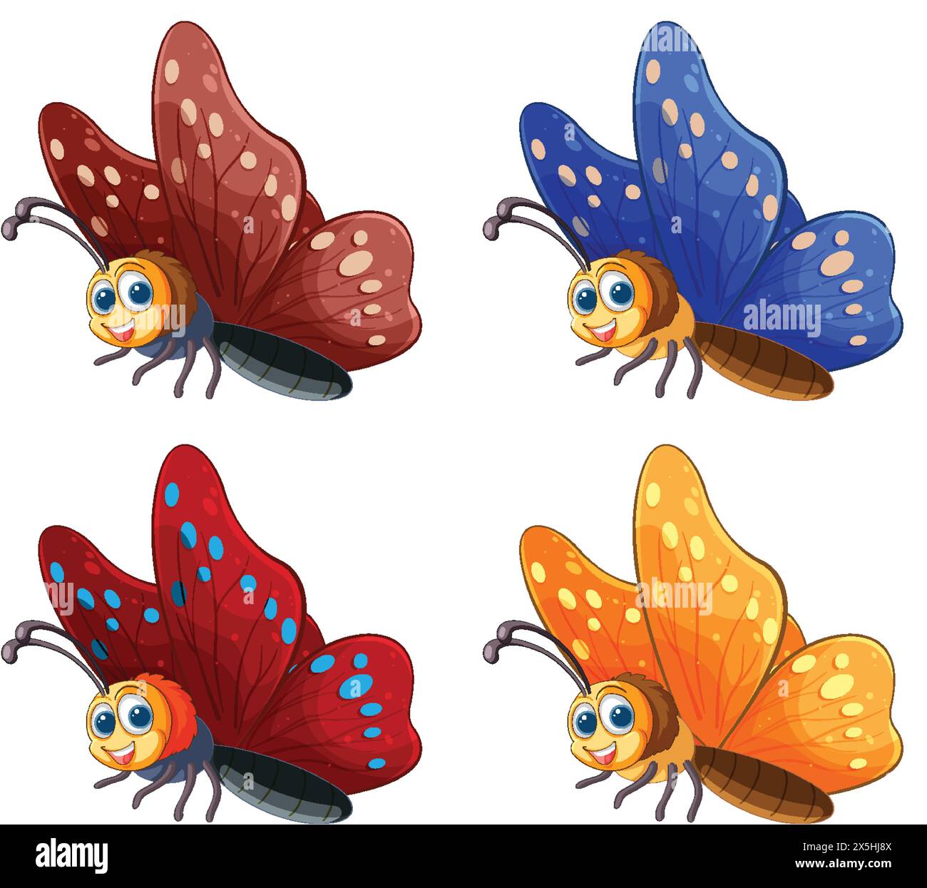 Four vibrant, cartoon-style butterflies with smiling faces Stock Vector ...