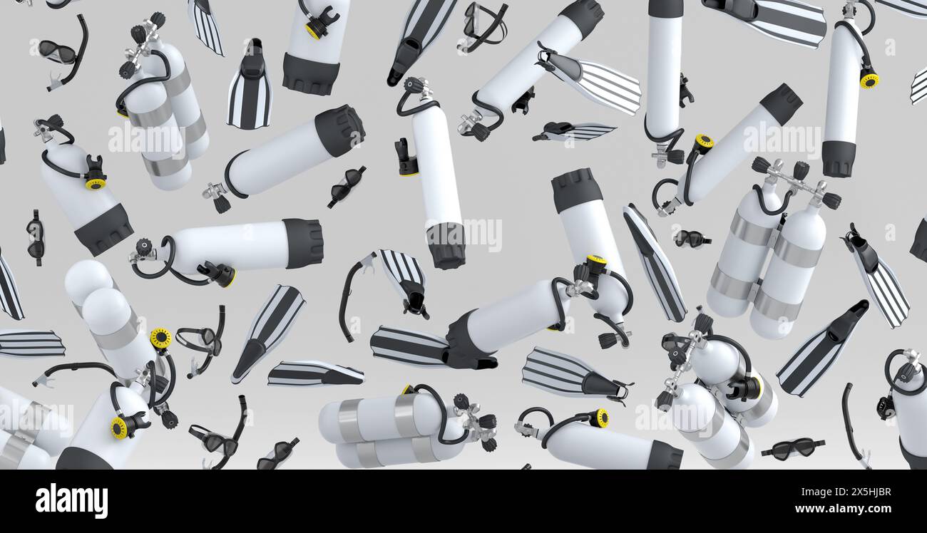 Many of flying scuba stuff and beach accessories like oxygen tank, flip ...