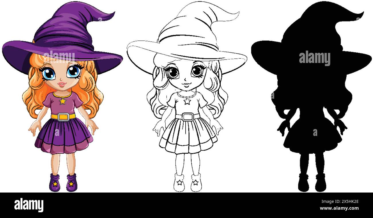 Colorful, outline, and silhouette witch illustrations Stock Vector ...