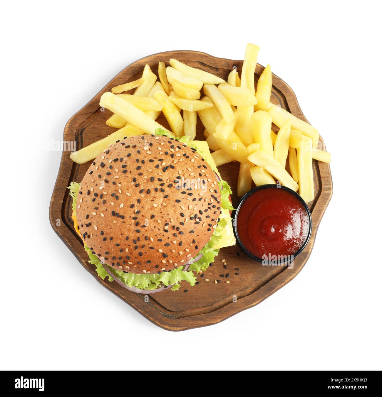 Burger with delicious patty, french fries and sauce isolated on white ...