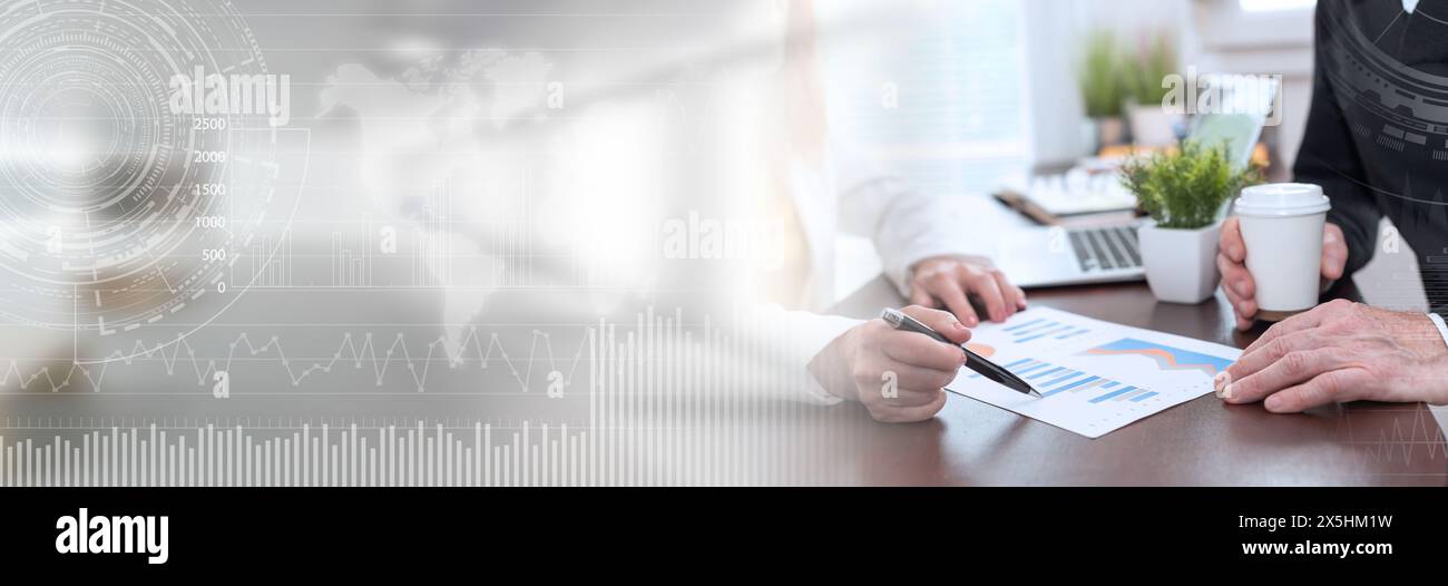 Two business people working together in office; panoramic banner Stock ...