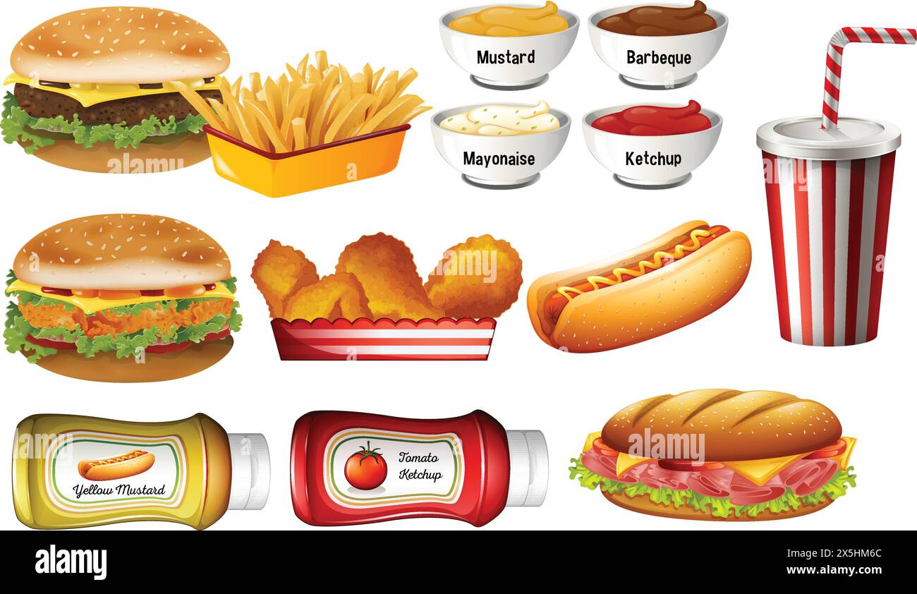 Collection of fast food items and condiments Stock Vector Image & Art ...